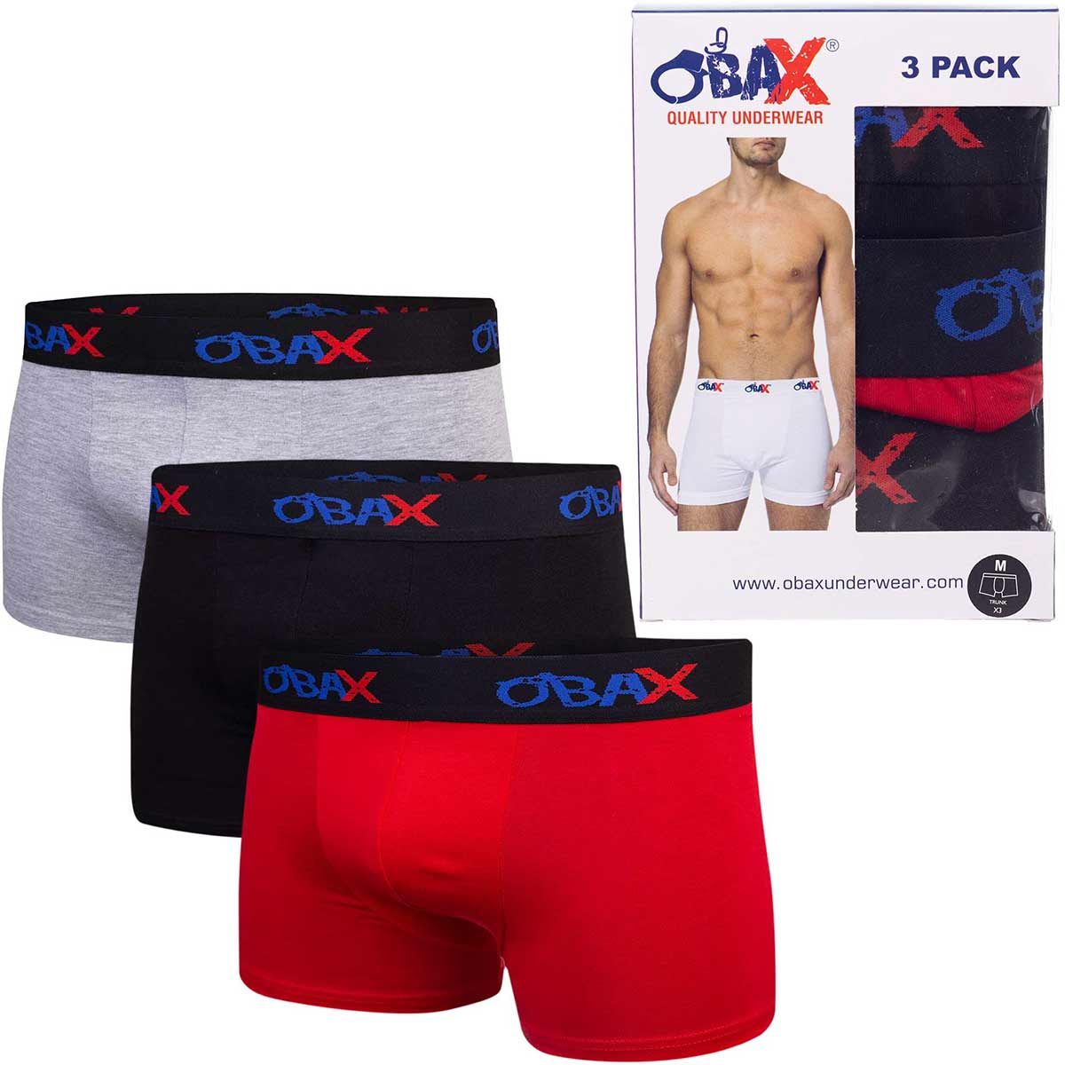 OBAX BOKSERKI MĘSKIE MAJTKI UNDERWEAR 3P CZARNE/CZERWONE/SZARE